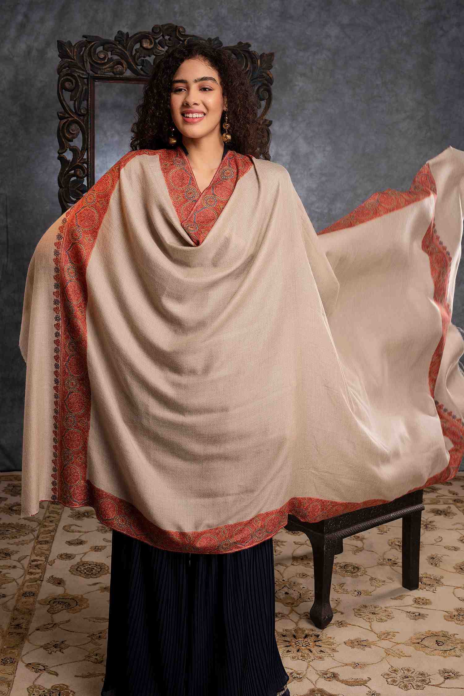 Buy Beige Printed Pashmina cheap Saree