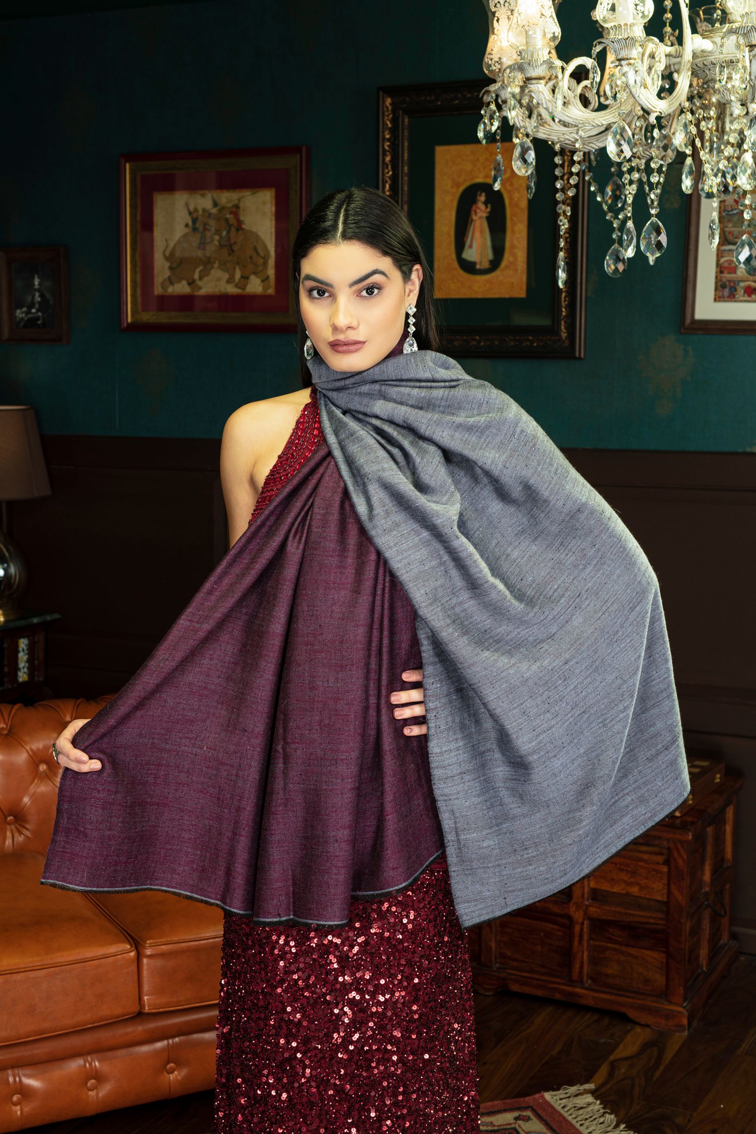 Prune and Silver Reversible Shawl | Kashmiri Pashmina