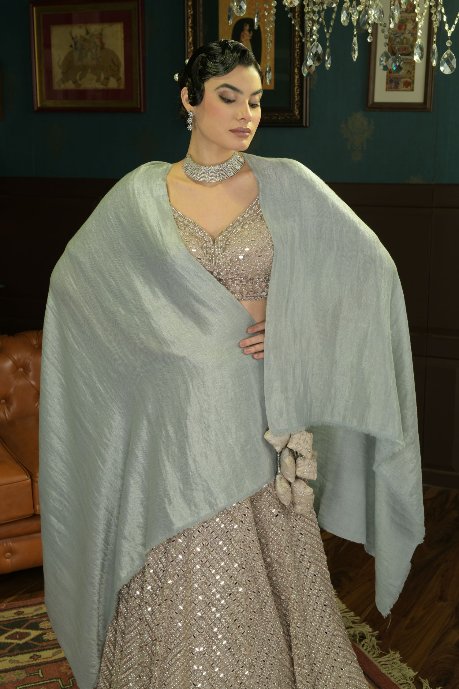Silver Grey Zari Woven Pashmina Shawl | Festive Gifts