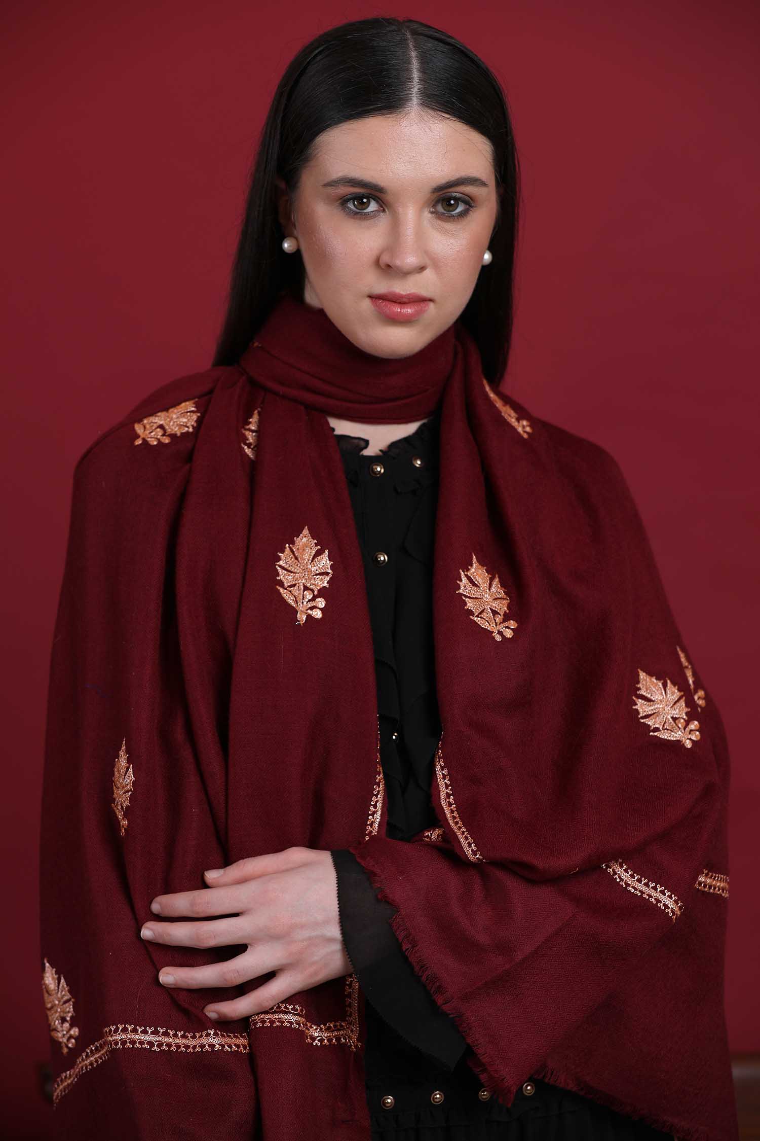 Jam Red Zari Embroidered Cashmere Wrap | Gifts for Her