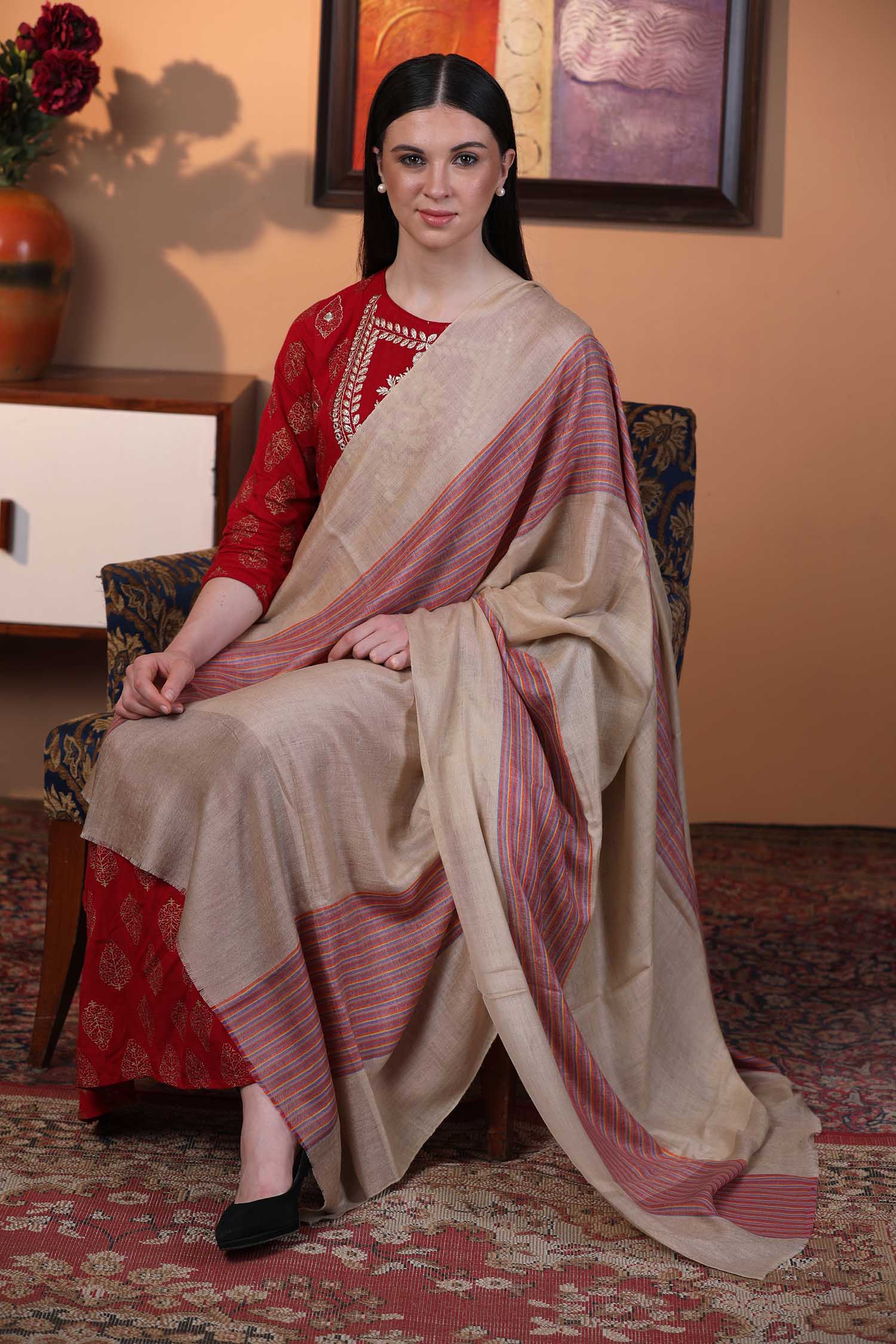 Red And Gold Patterned Pashmina Shawl | Pashmina with Stripes