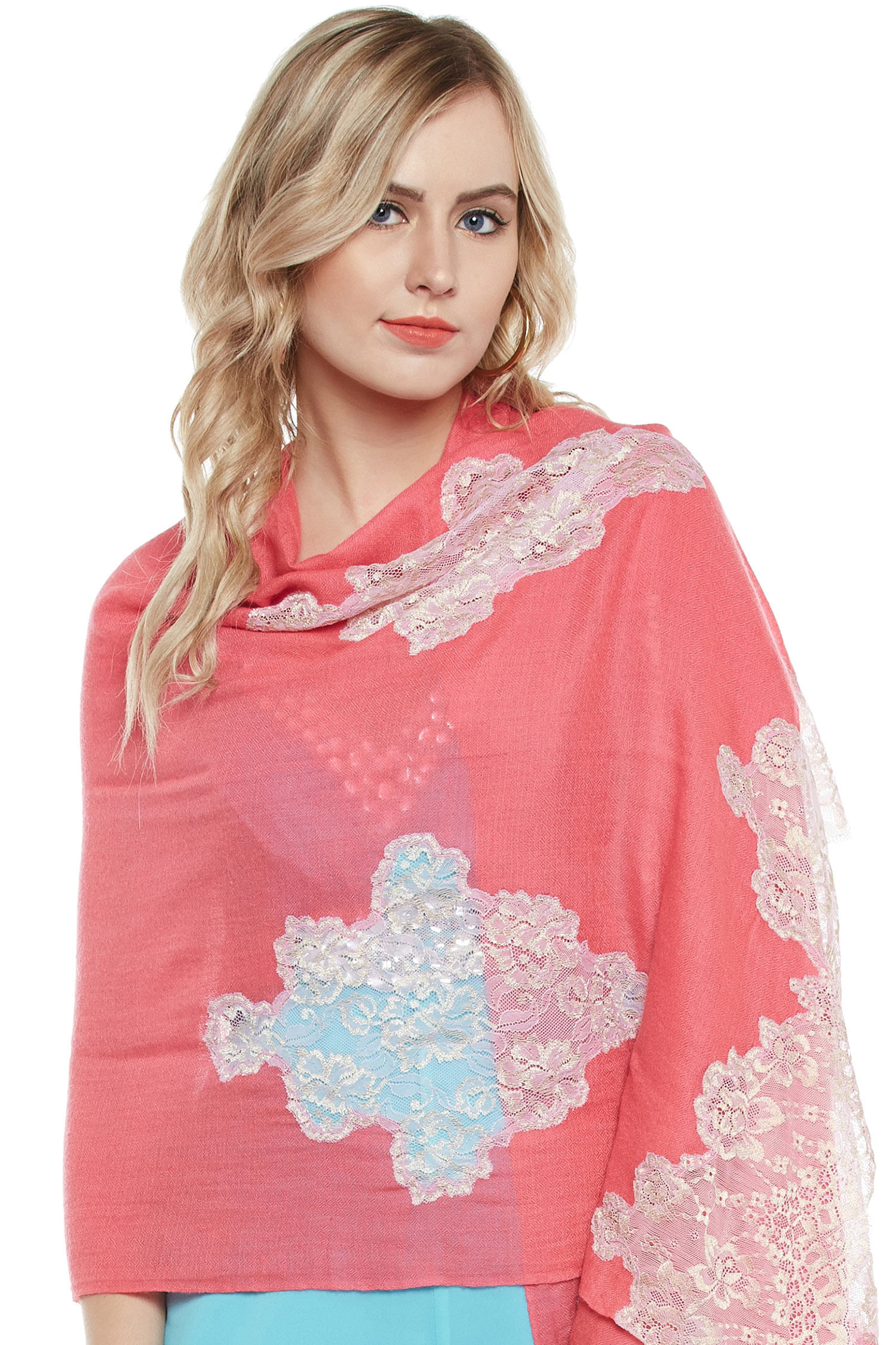 Pink Lace-paneled Cashmere Wrap| Cashmere with Lace