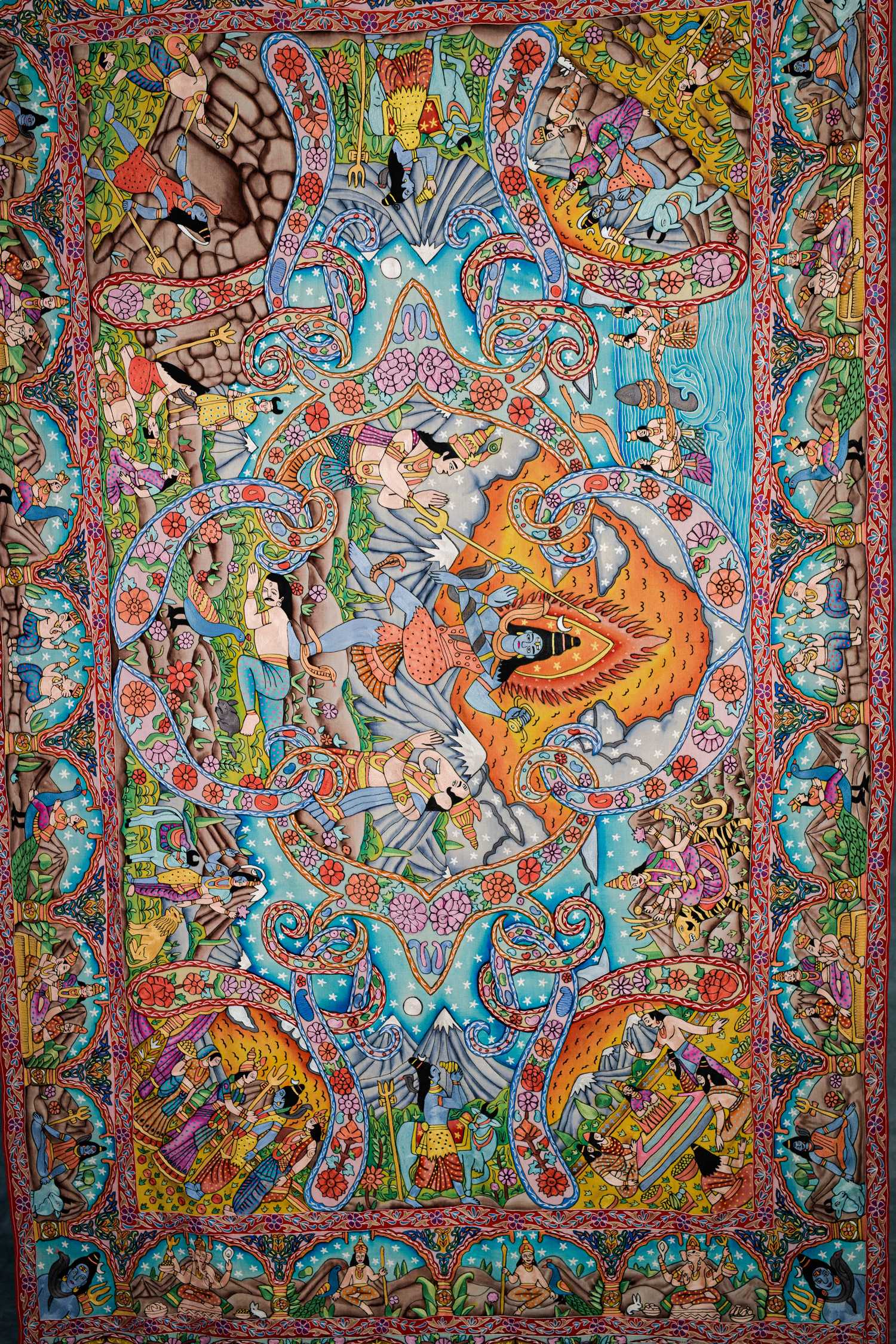 Kalamkari Pashmina shawl featuring Shiv Ji in various Avatars